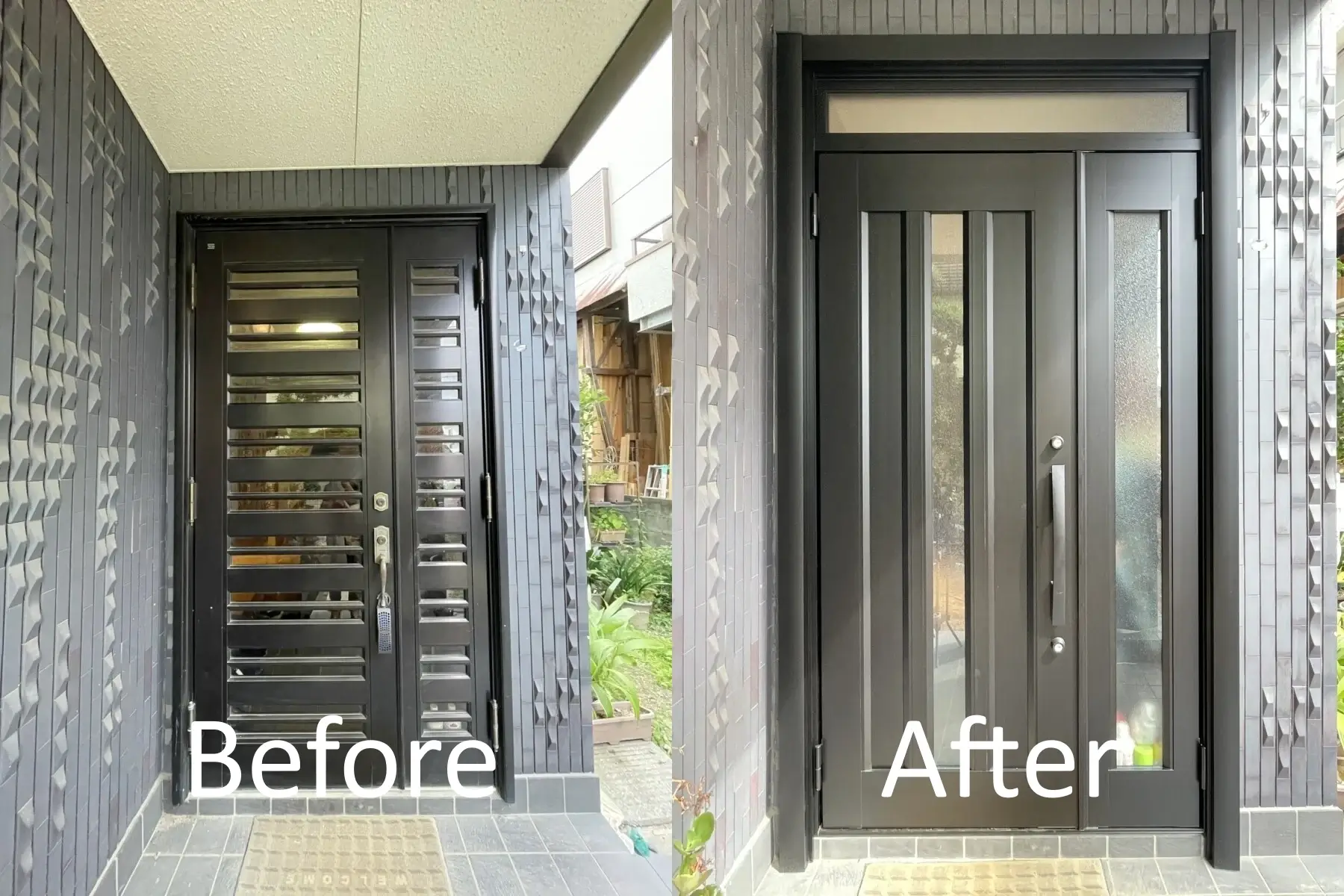 玄関ドアをLIXILリシェントに交換し駐輪場を設置した1dayリフォーム施工例（川口市） - 川口・さいたま・春日部の外構エクステリア工事は株式会社ブロックピース